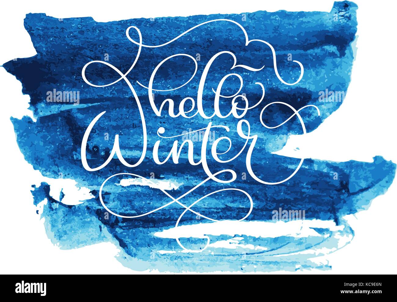 Hello winter text on blue abstract background with colorwater brush ...