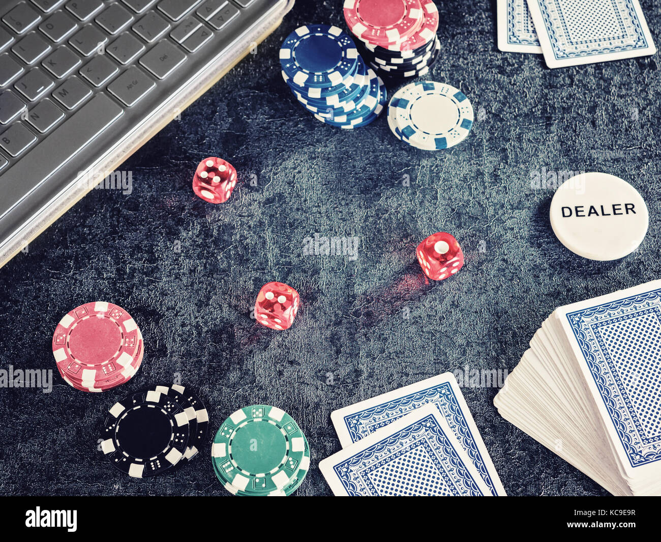 Set of poker chip or counter with card, dice computer. Player open card ...