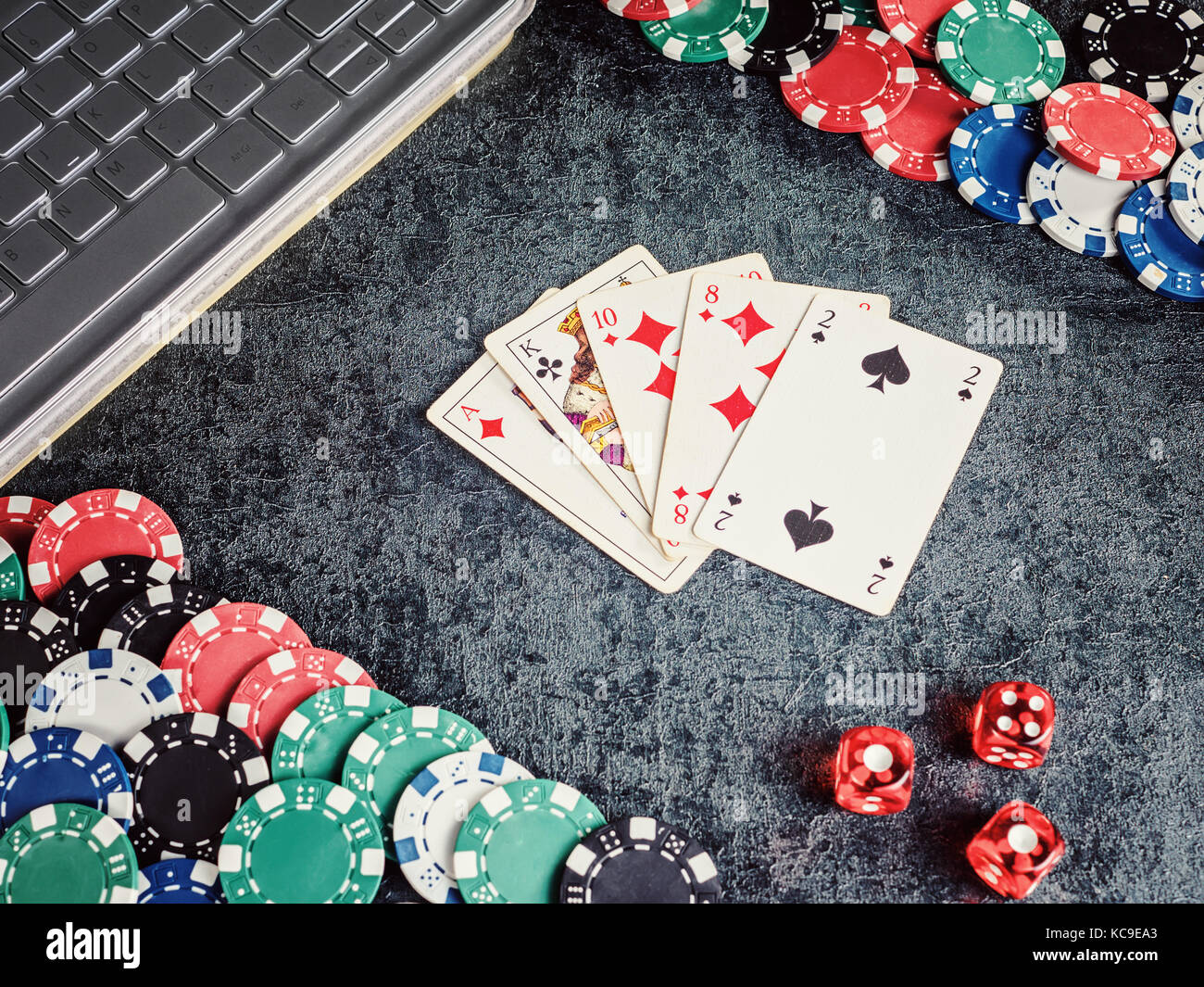 Set of poker chip or counter with card, dice computer. Player open card ...