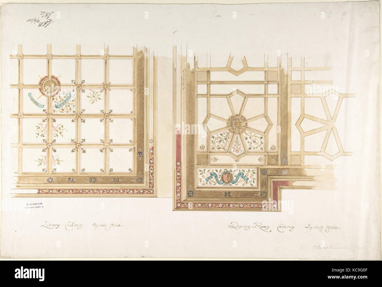 Design for Library or Dining Room Ceiling, Coffered and Painted Rust ...