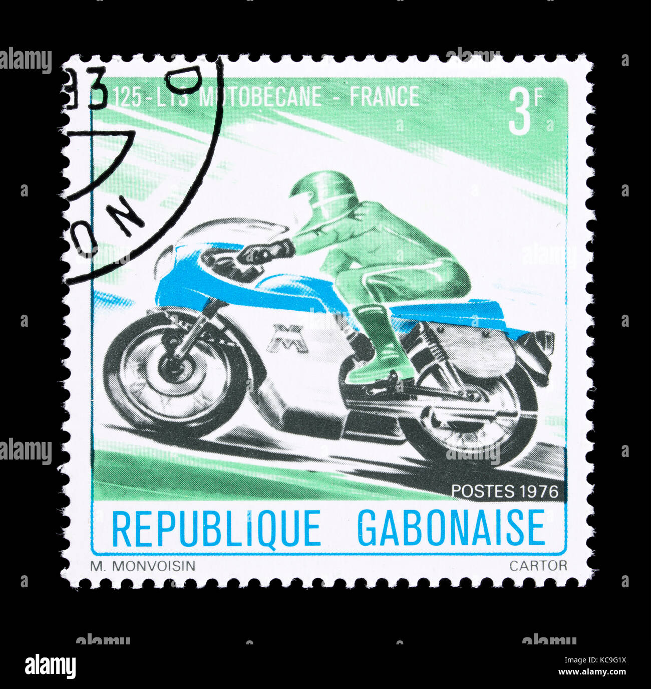 Postage stamp from Gabon depicting a Motobecane motorcycle from France ...