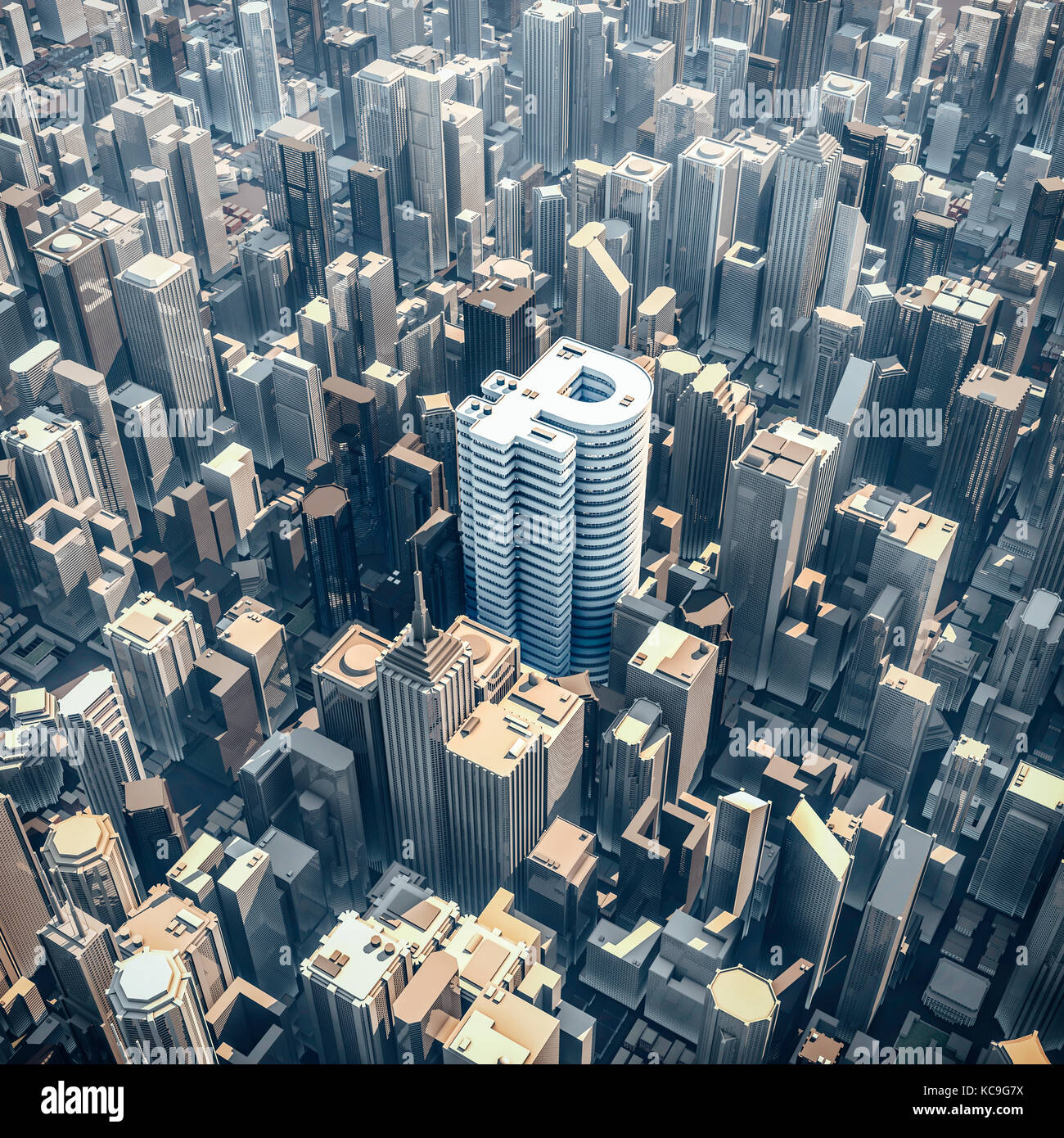 Ruble office tower concept / 3D illustration of ruble currency symbol ...