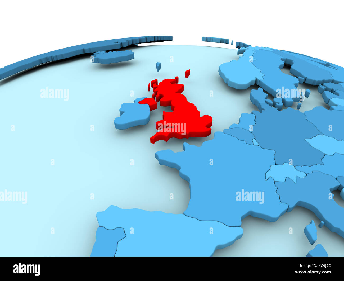 Map of United Kingdom in red on blue political globe. 3D illustration ...