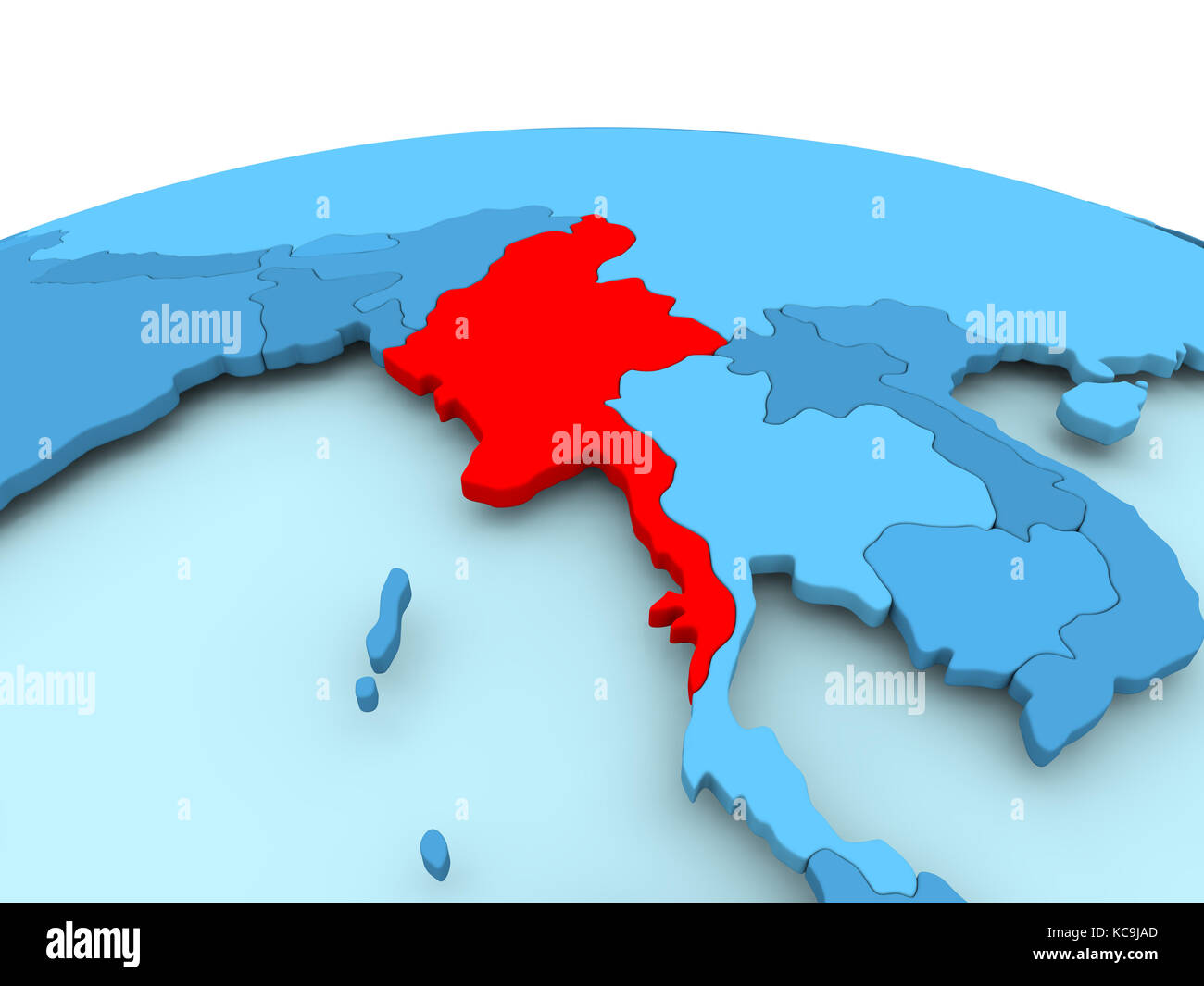 Map of Myanmar in red on blue political globe. 3D illustration Stock ...