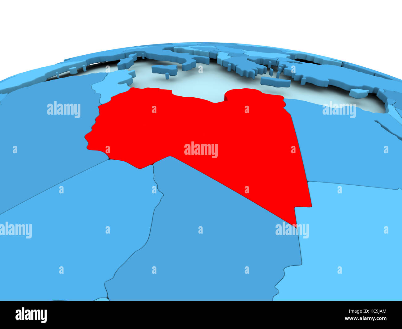 Map of Libya in red on blue political globe. 3D illustration Stock ...