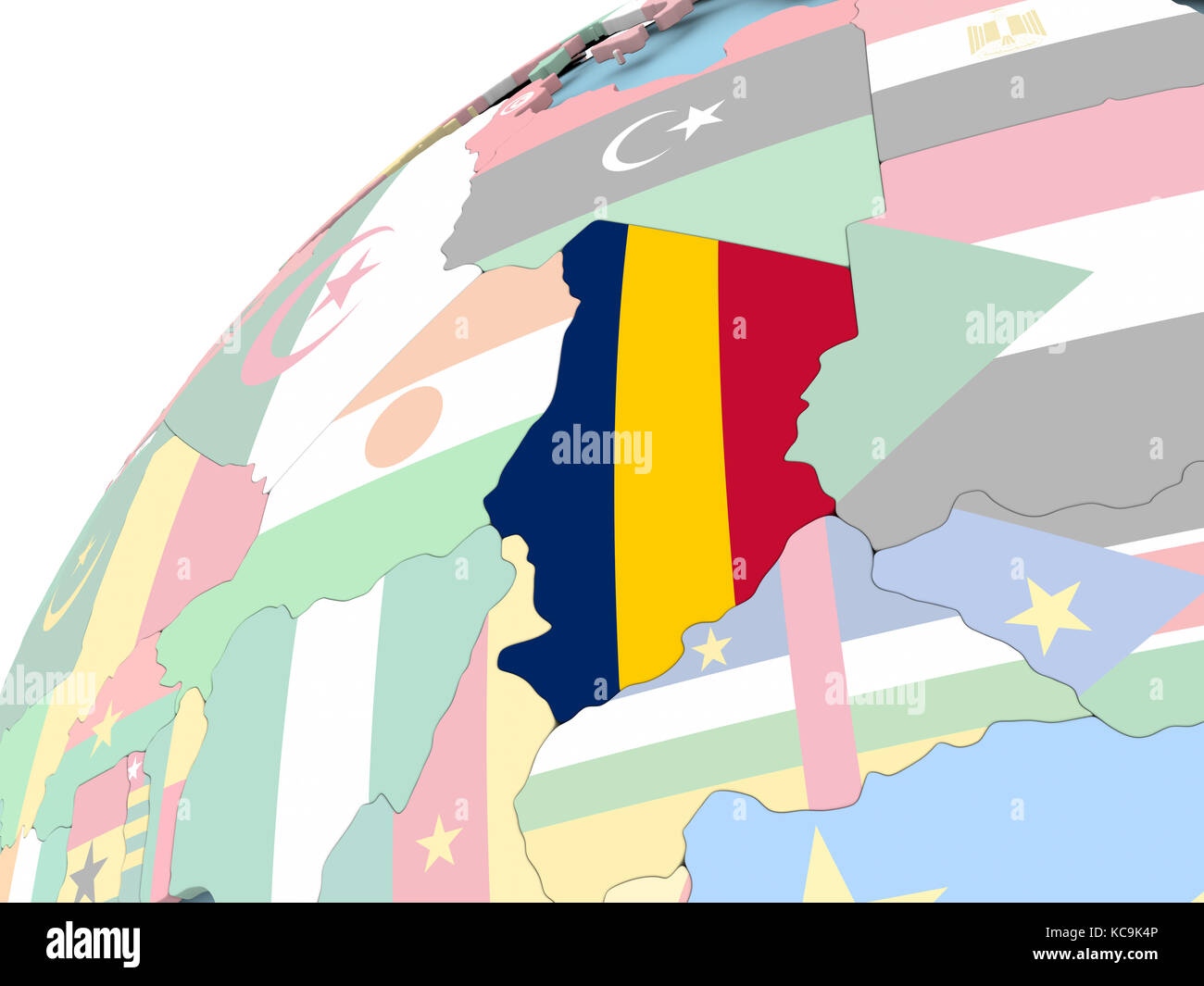 Map of Chad on political globe with embedded flag. 3D illustration ...