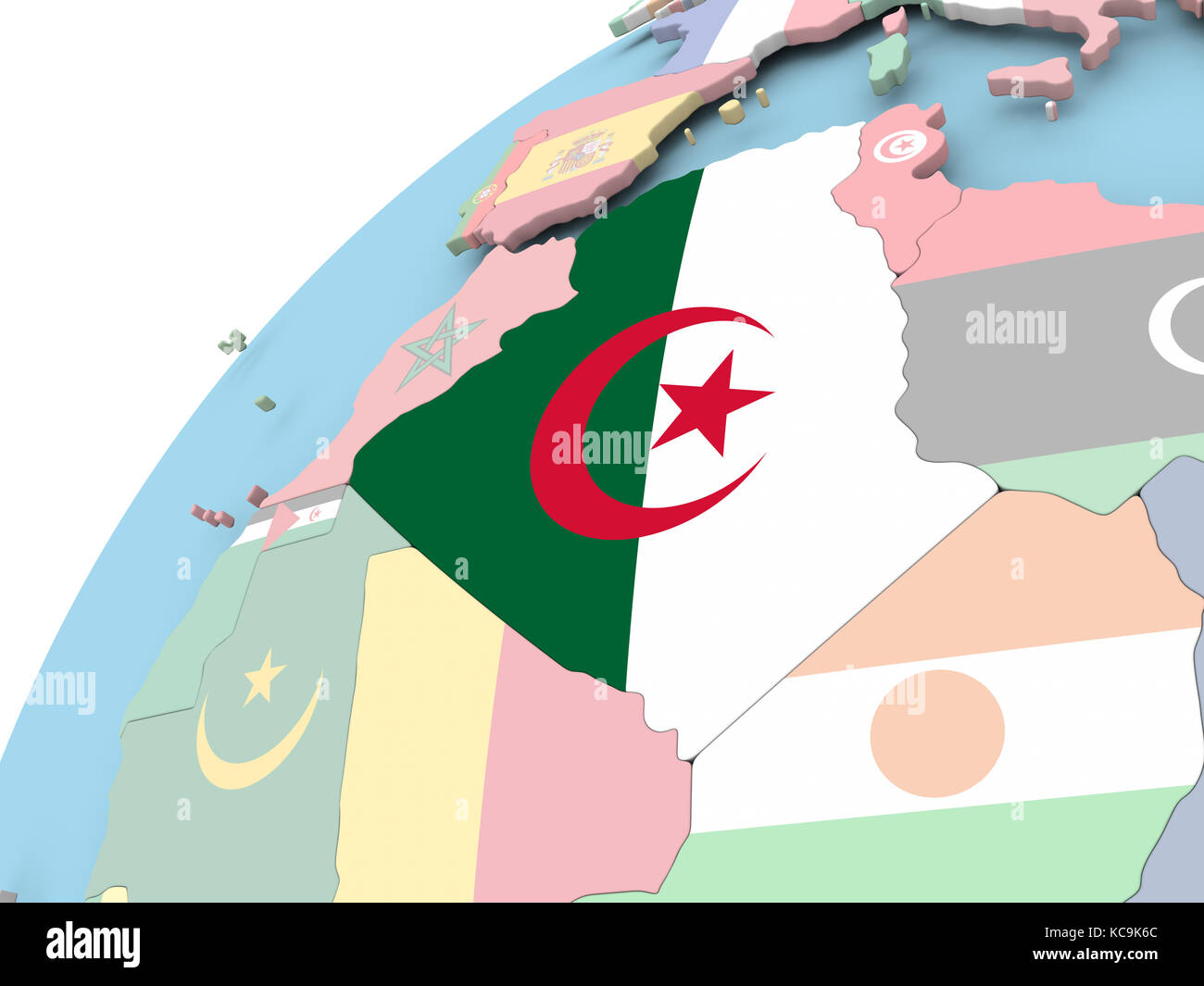 Map of Algeria on political globe with embedded flag. 3D illustration ...