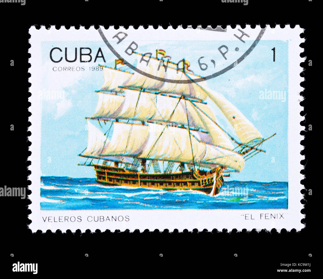 Postage stamp from Cuba depicting the sailing warship El Fenix Stock ...