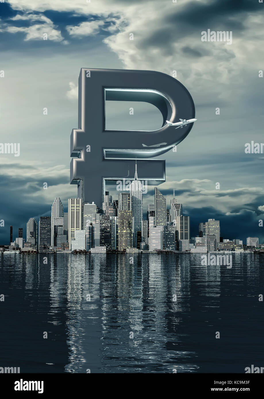 Business city ruble / 3D illustration of Russian ruble currency symbol ...