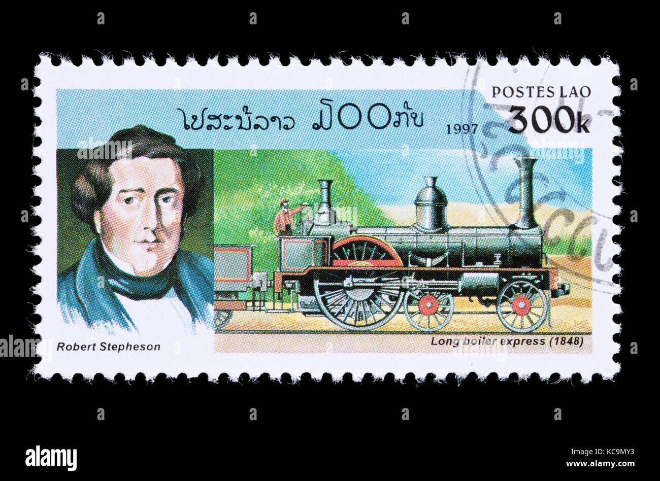 Postage stamp from Laos depicting Robert Stephenson and a long boiler ...