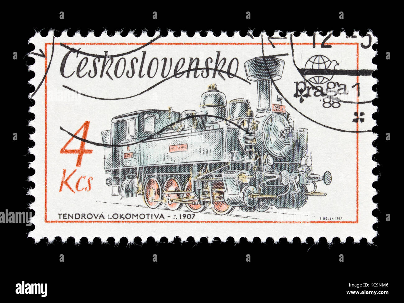 Postage stamp from Czechoslovakia depicting a steam locomotive and ...