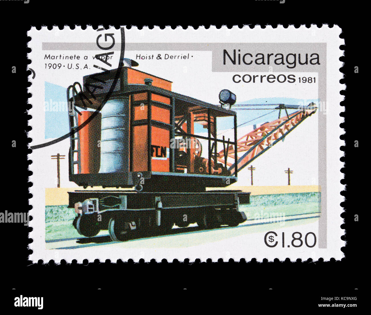 Postage stamp from Nicaragua depicting a railroad hoist and derrick ...