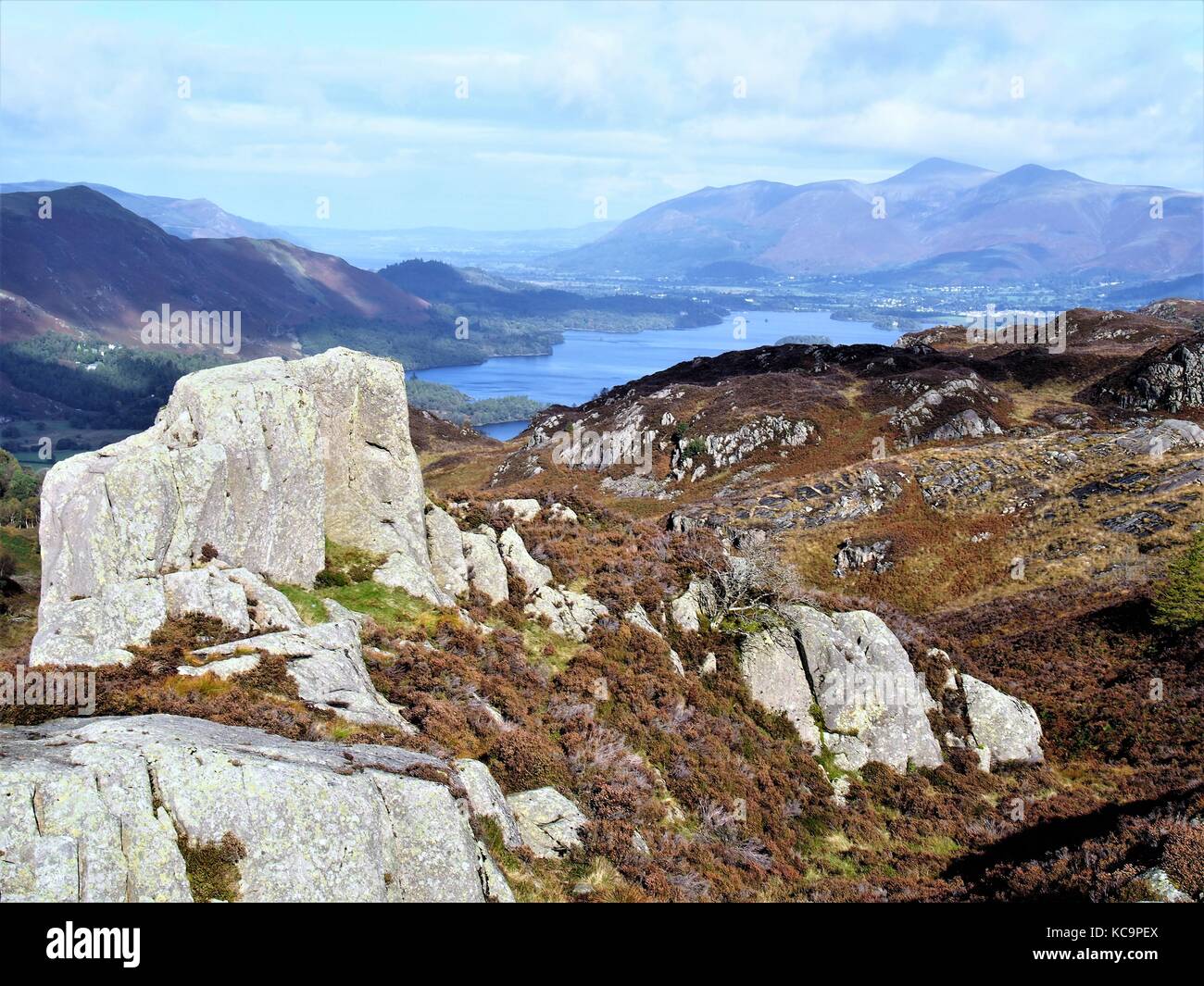 Derwentwater from the top of Grange Fell with Keswick and Skiddaw ...