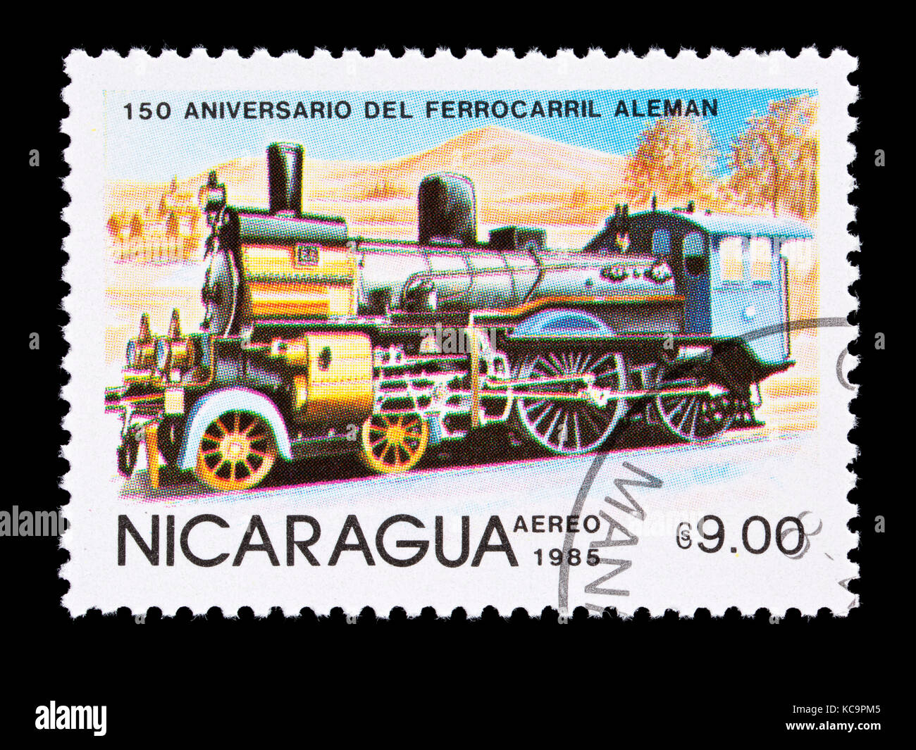 Postage stamp from Nicaragua depicting a tram steam engine, century of ...