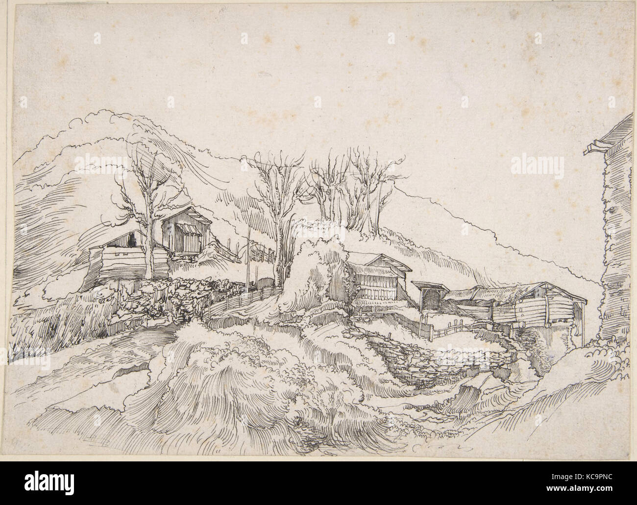 Cottages in a Rocky Landscape, 16th century, Pen and black ink, sheet ...