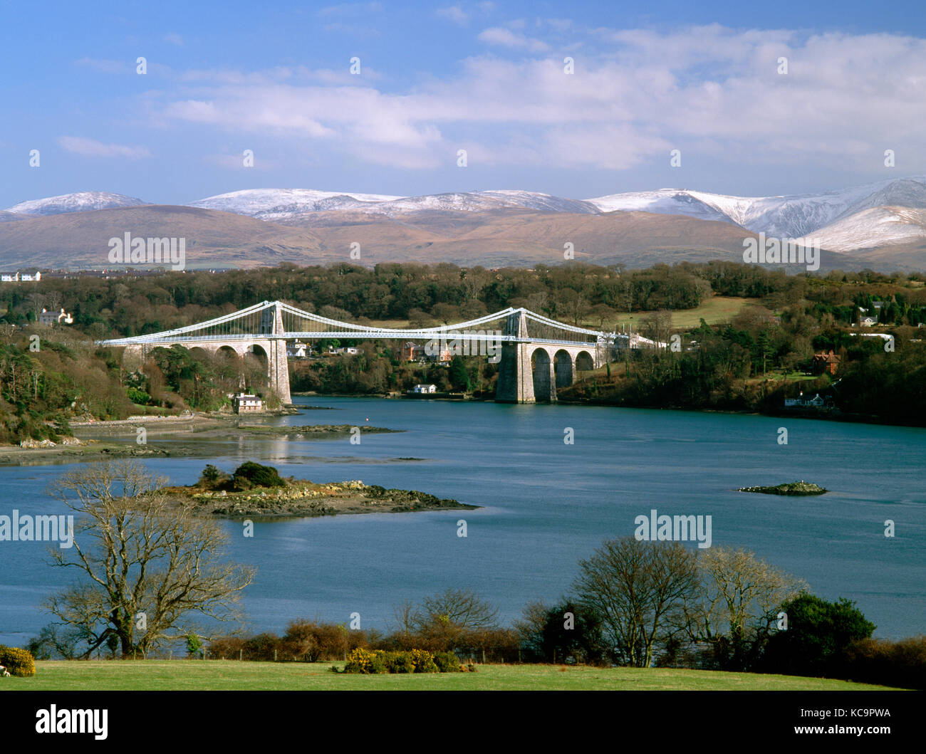 The Menai Bridge, St Tysilio’s Church, and Menai Strait. View from Isle ...
