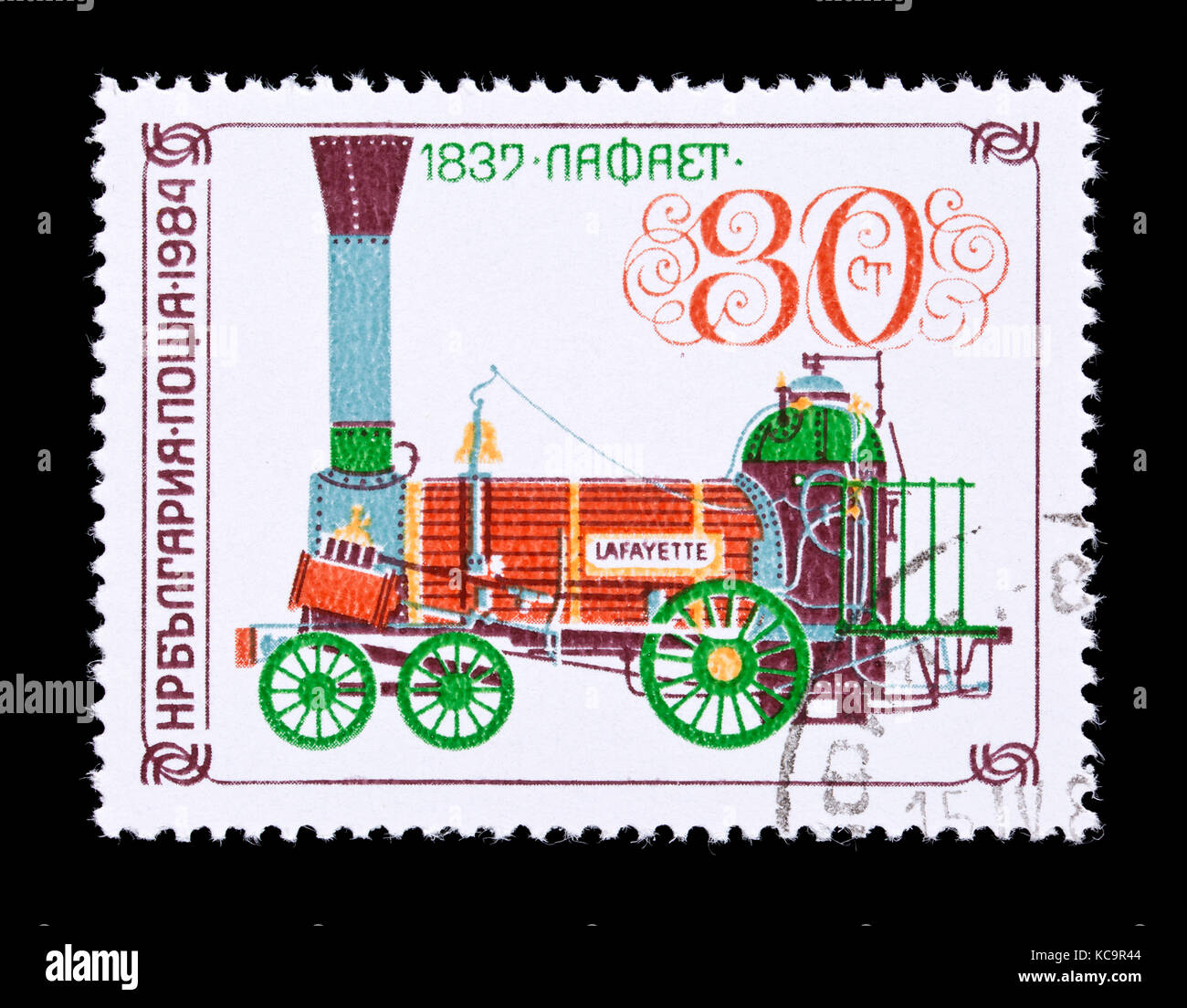 Postage stamp from Bulgaria depicting the steam locomotive Lafayette ...