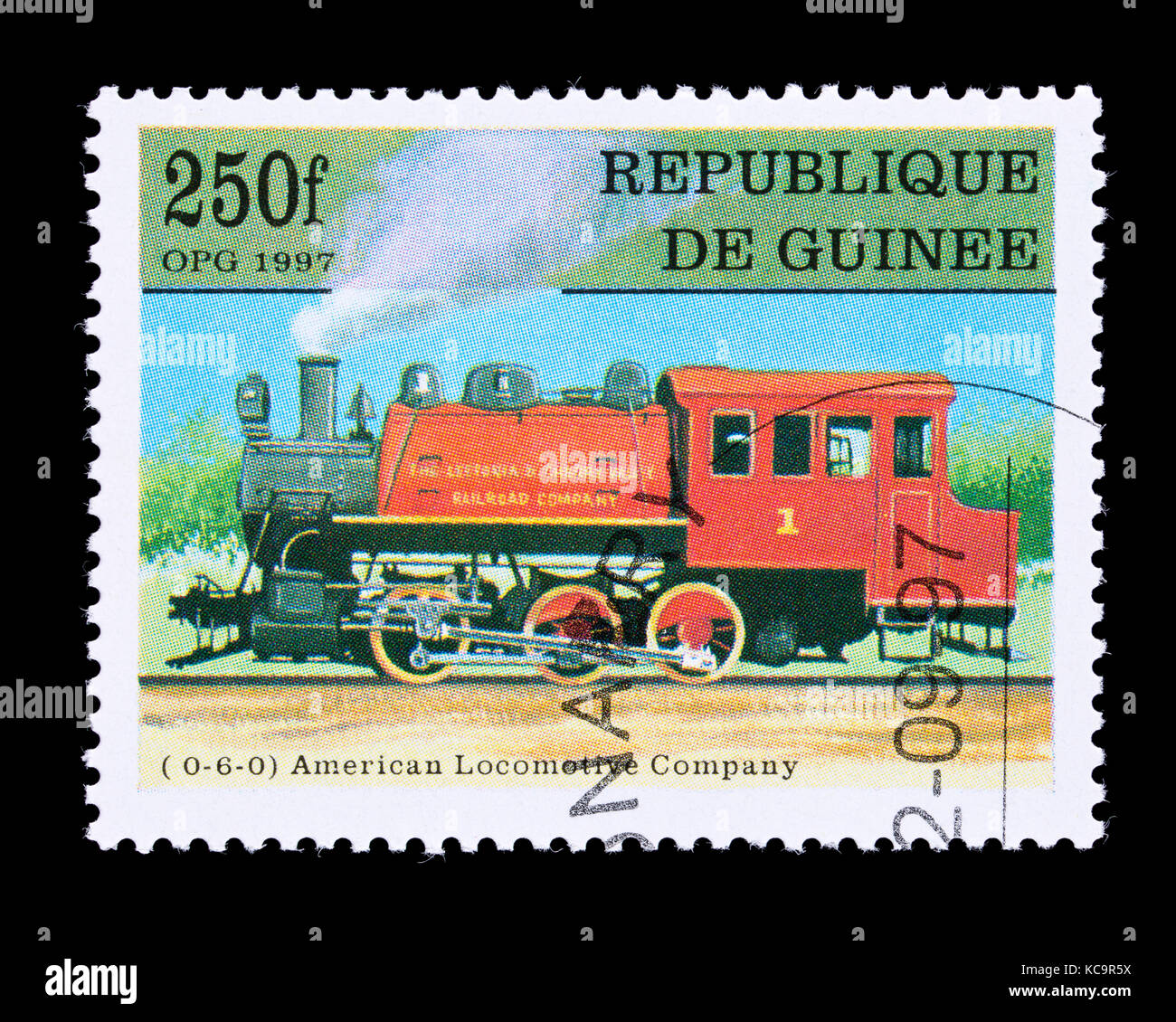 Postage stamp from Guinea depicting a 0-6-0 American Locomotive Company ...