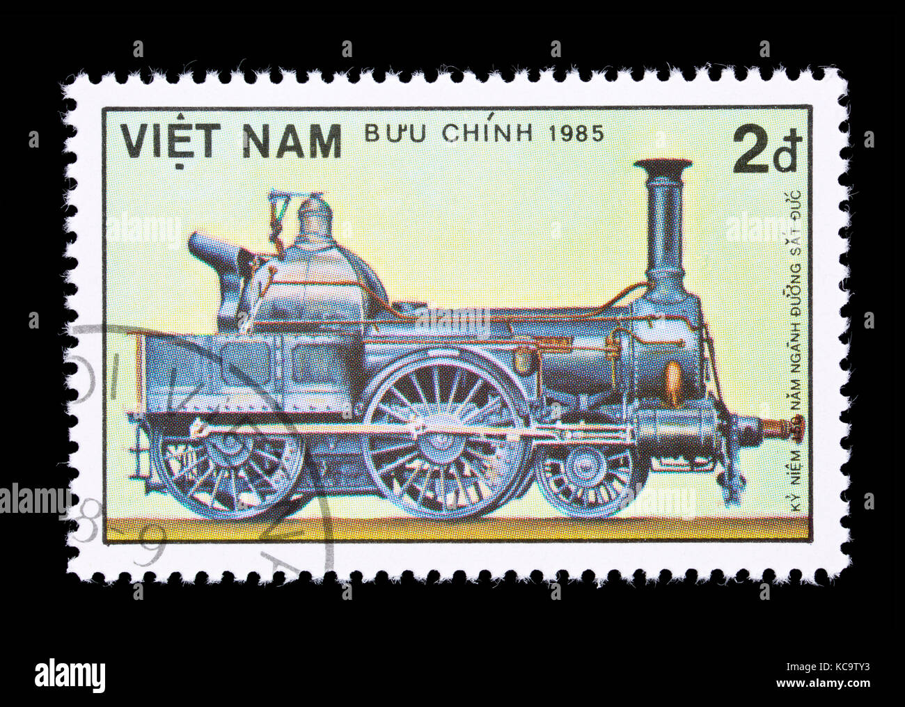 Postage stamp from Vietnam depicting a German railway steam locomotive ...