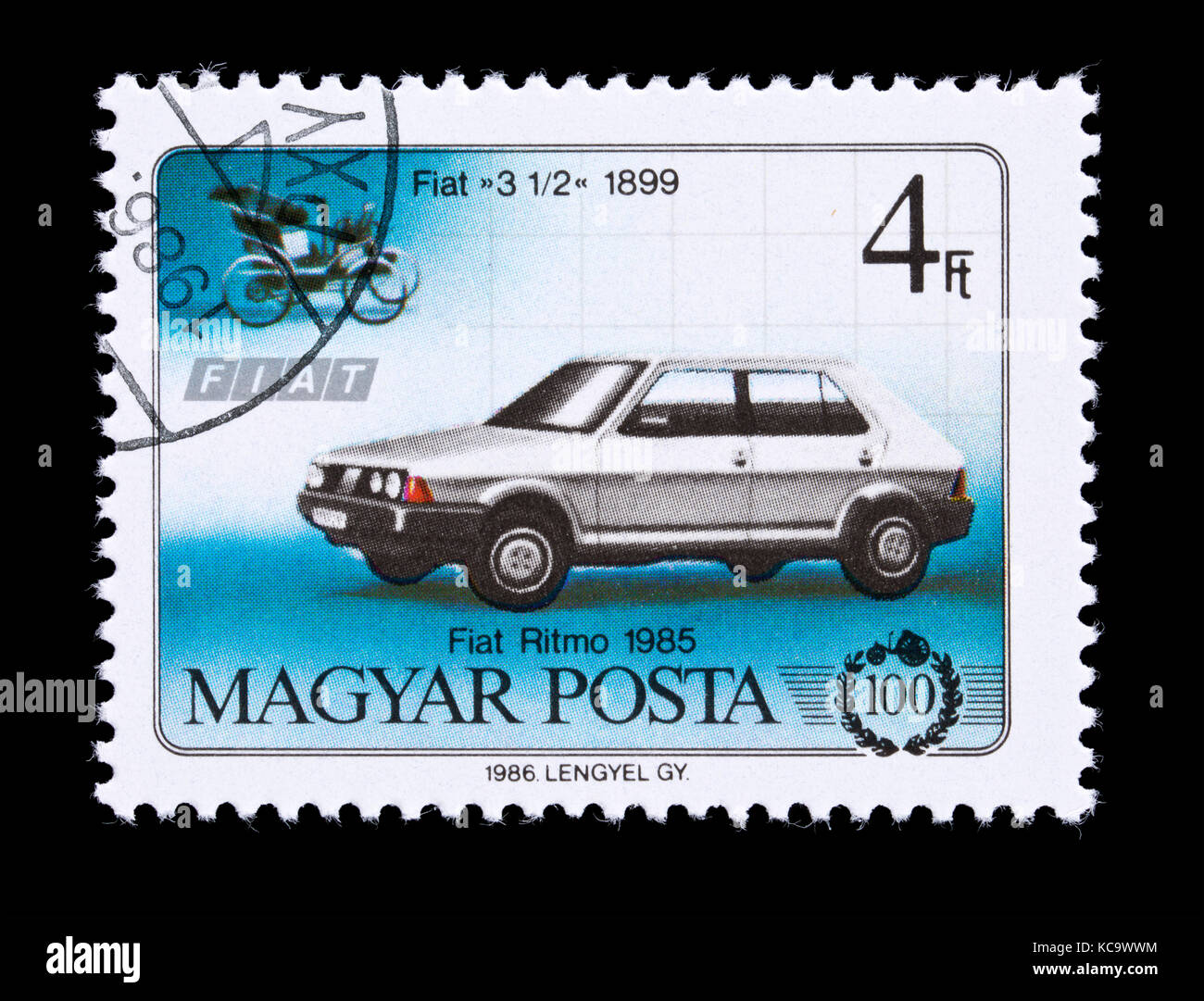 Postage stamp from Hungary depicting a 1899 Fiat 3 1/2 and a Fiat Ritmo ...