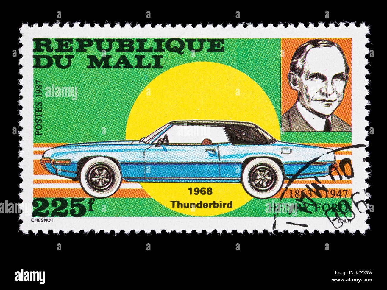 Postage stamp from Mali depicting Henry Ford and a 1968 Ford ...