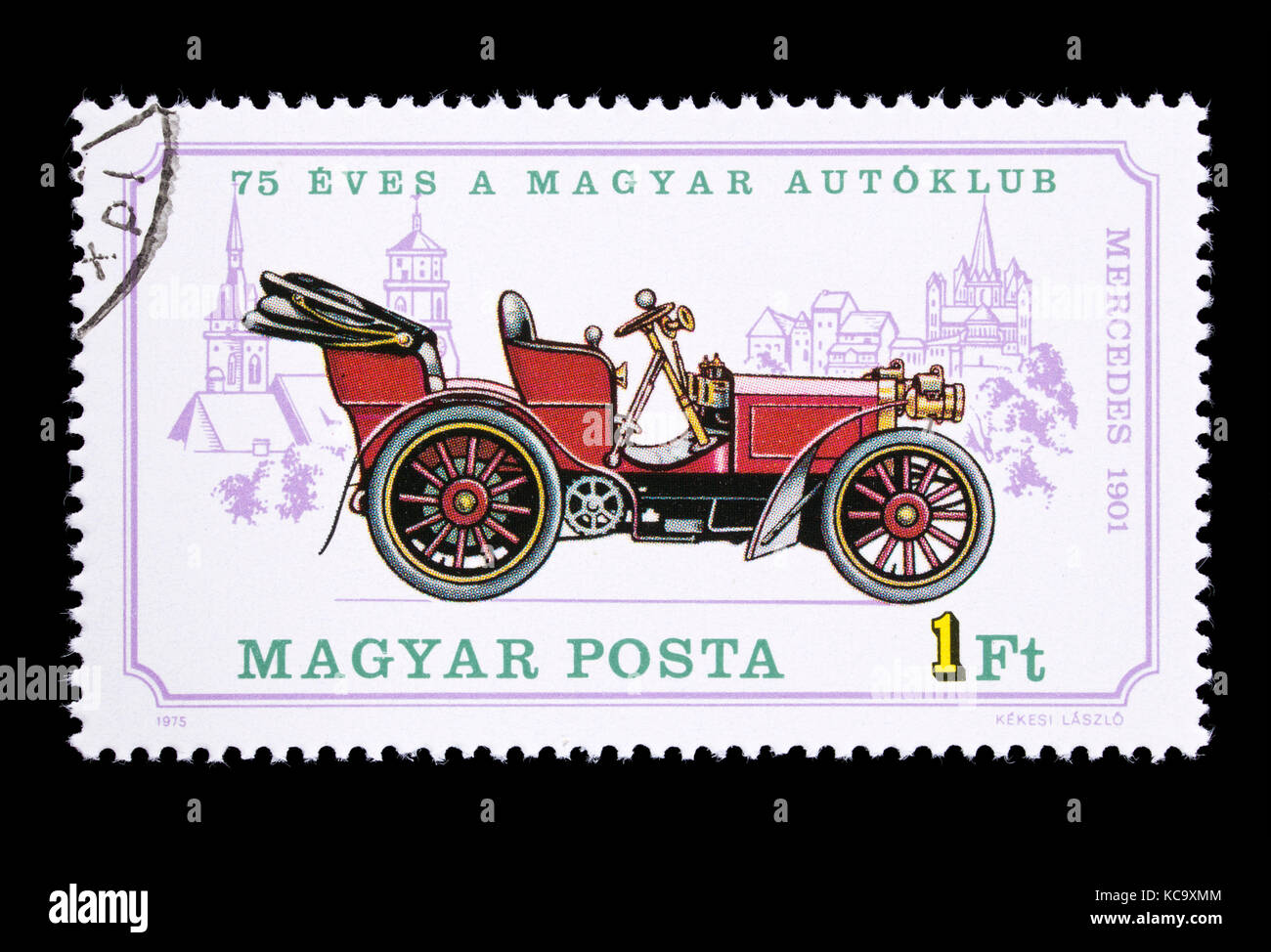 Postage stamp from Hungary depicting a 1901 Mercedes classic automobile ...