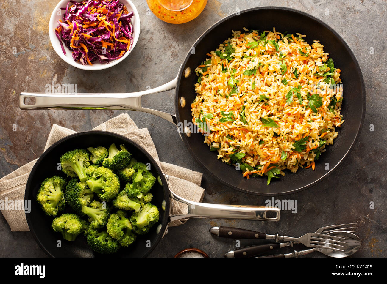 Fried rice with vegetables and steamed broccoli Stock Photo - Alamy
