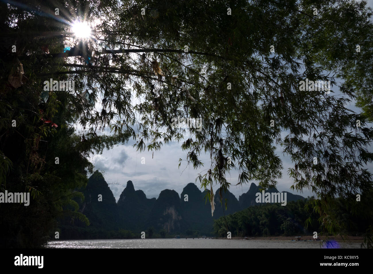 View of beautiful Chinese natural landscape with karst hills, green ...