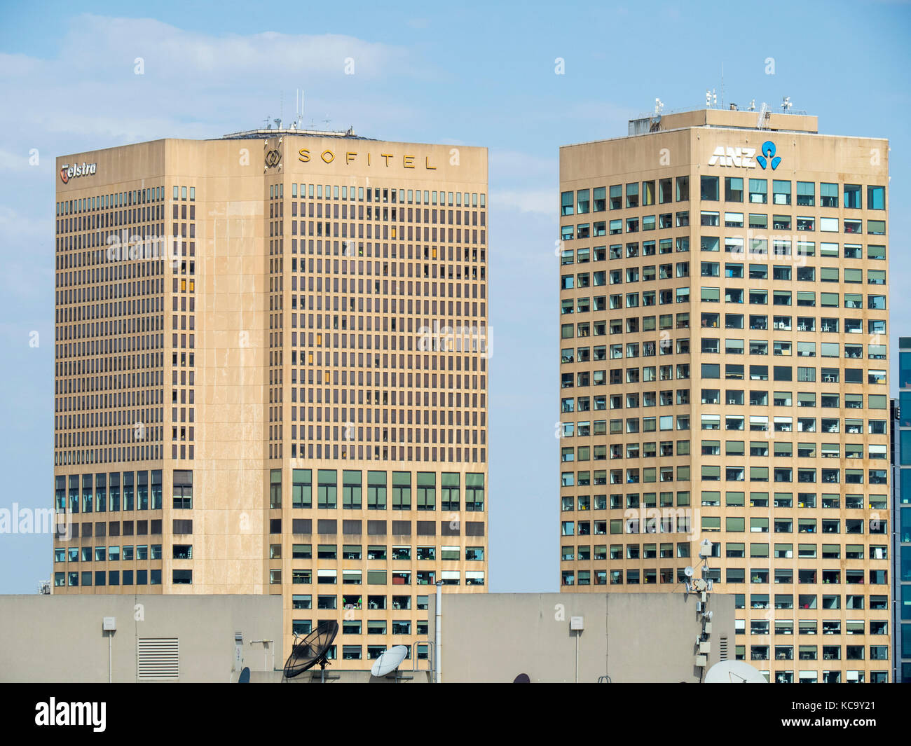 Twin towers of ANZ bank tower and Sofitel Hotel tower in Melbourne ...