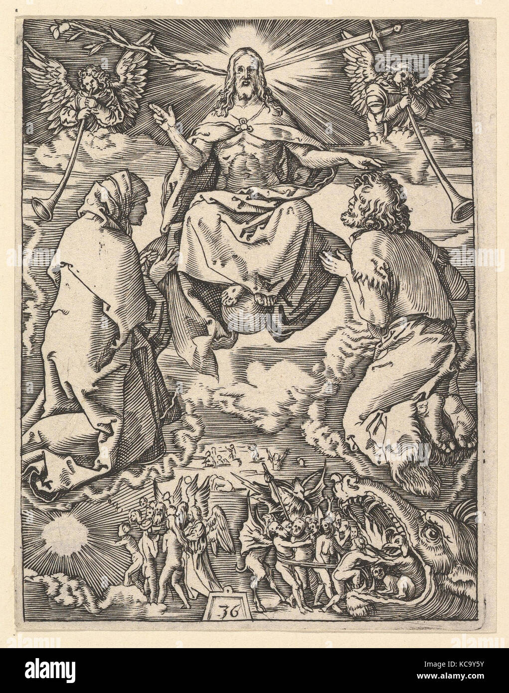 The Last Judgment; Christ with lily and sword at top, flanked by Virgin ...