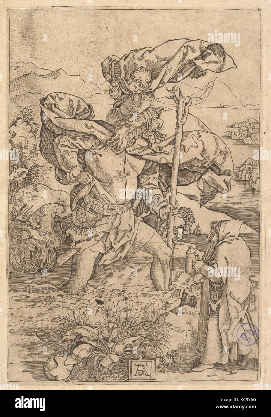 Saint Christopher crossing the river with Christ in the form of a putto ...