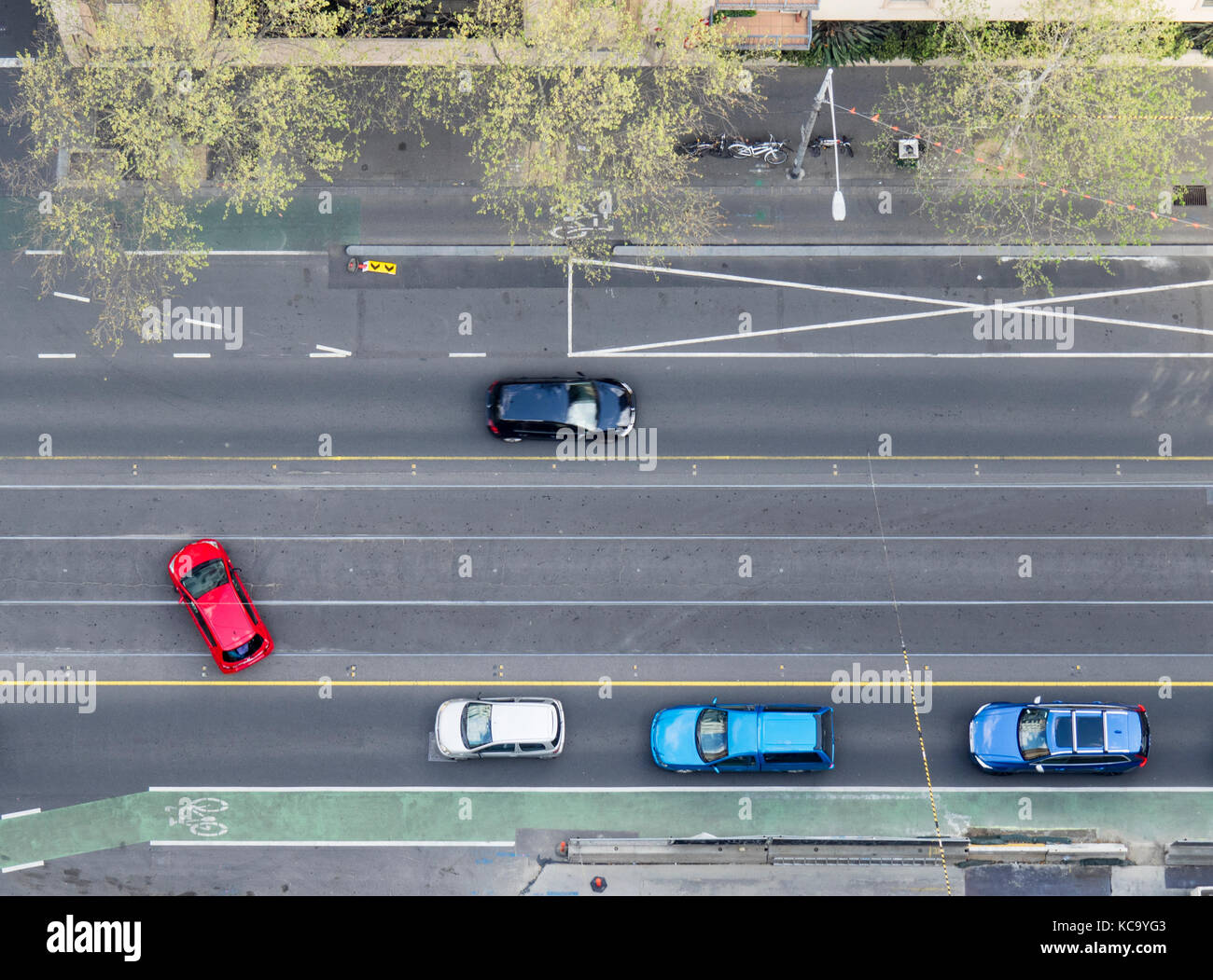 Overhead view of traffic and a red vehicle doing a U turn on La Trobe ...