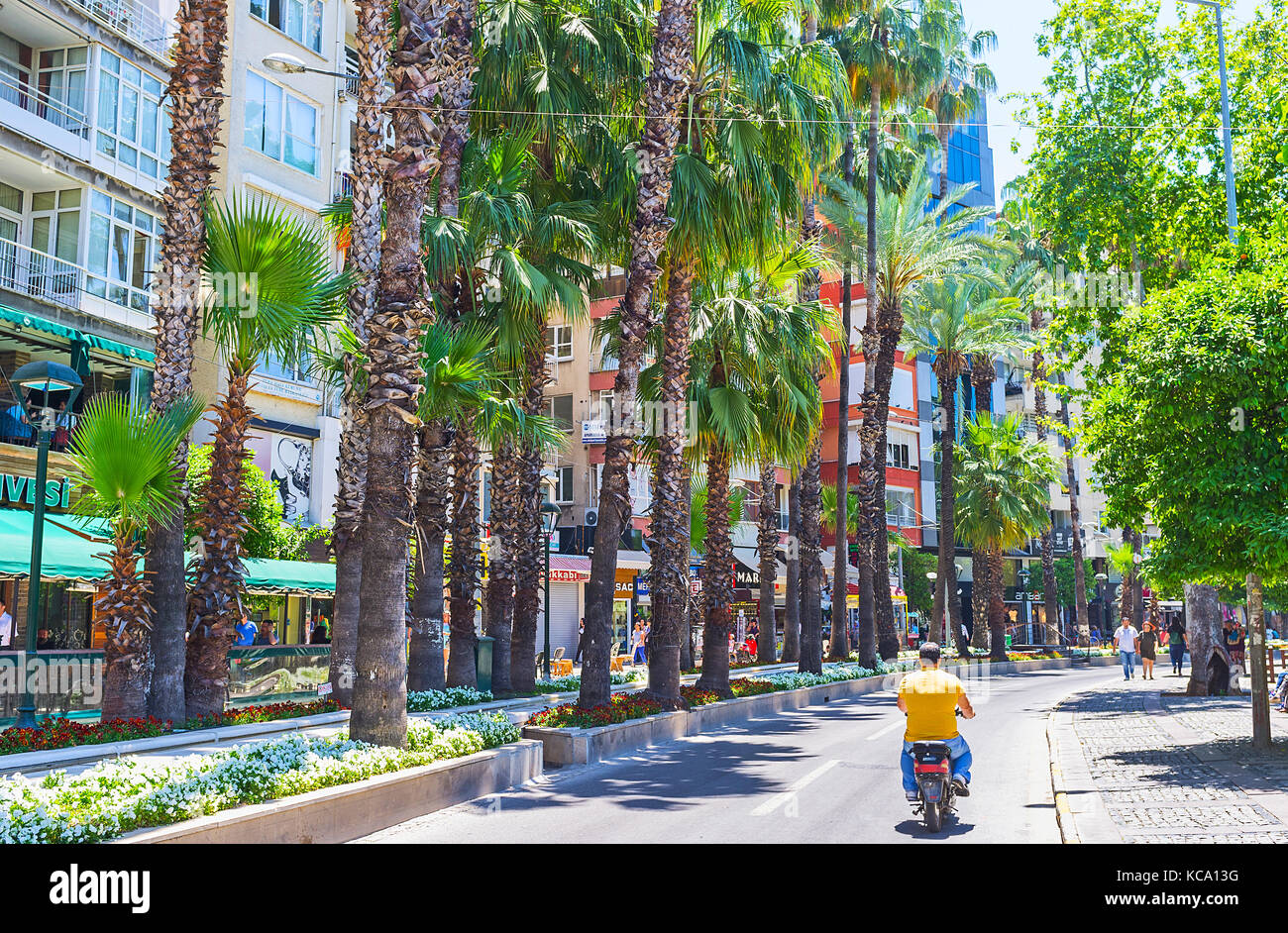 ANTALYA, TURKEY - MAY 13, 2017: The lush greenery of Ataturk Boulevard ...