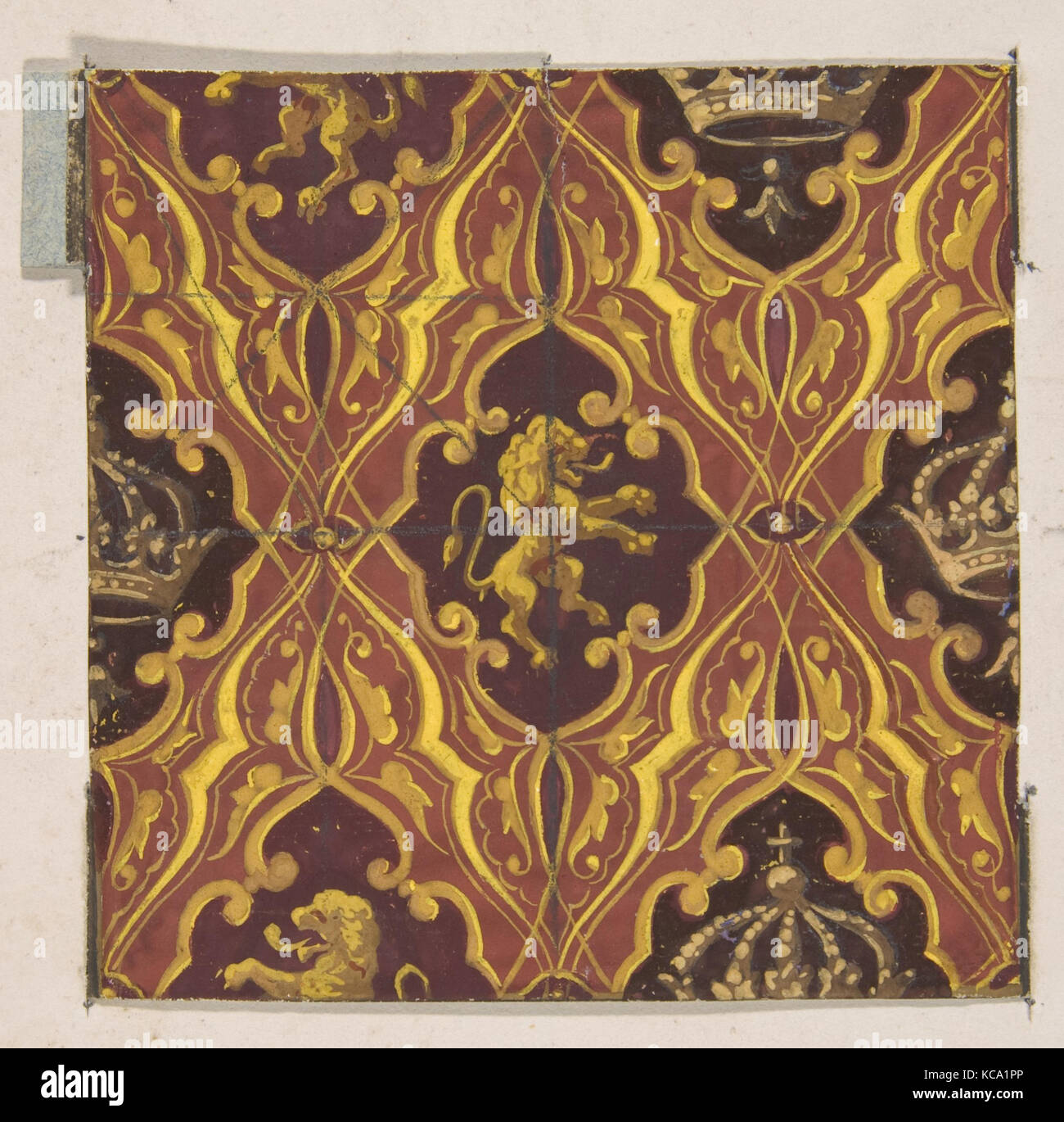 Design for wallpaper featuring rampant lions and crowns, Jules-Edmond ...