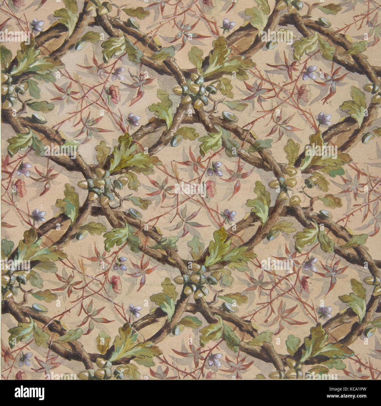 Design for wallpaper featuring oak leaves, acorns, and intertwined ...