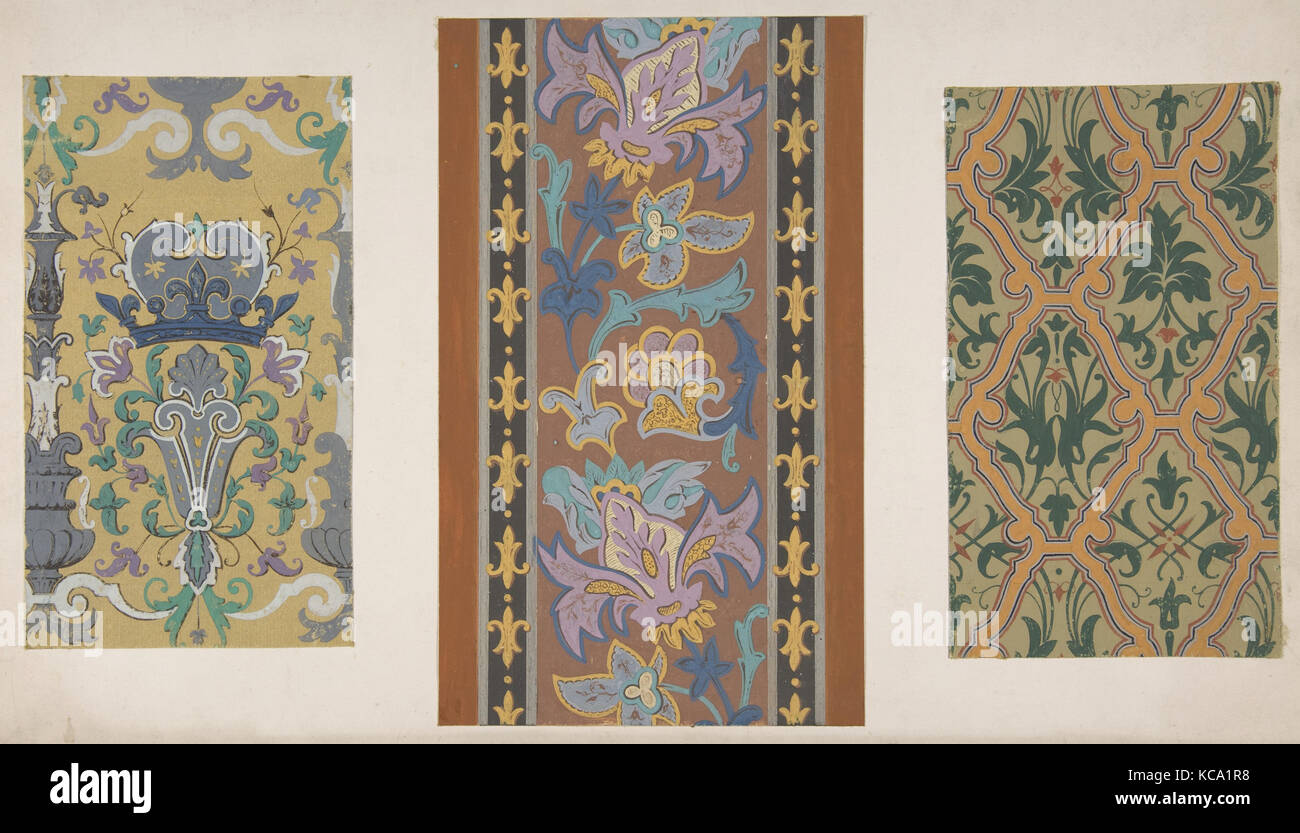 Three designs for wallpaper featuring strapwork, rinceaux, and fleurs ...