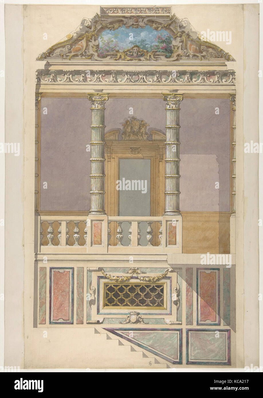 Elevation of an Italianate interior, including steps and an upper ...