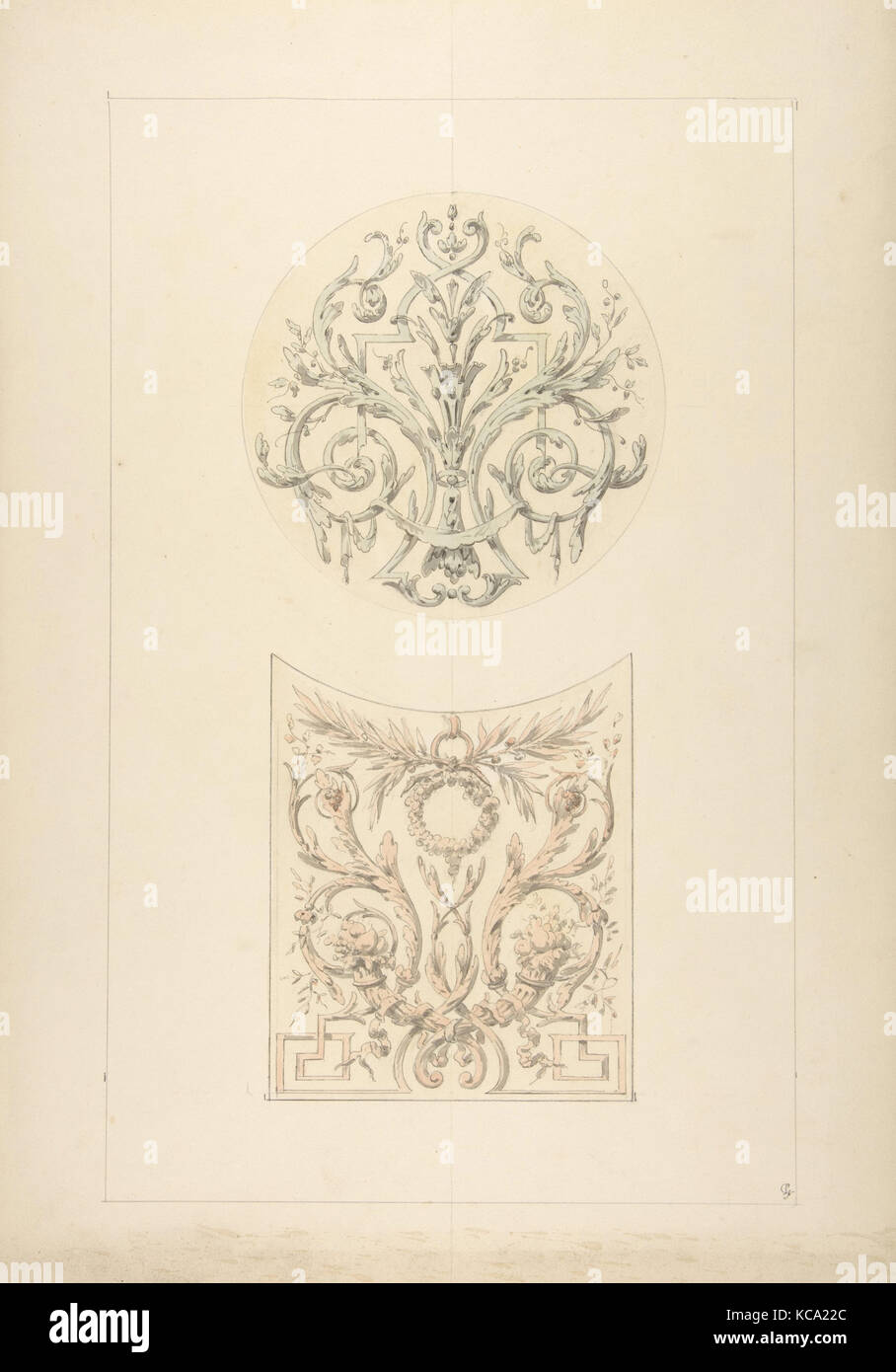 Two designs for decorative motifs featuring cornucopia and rinceaux ...