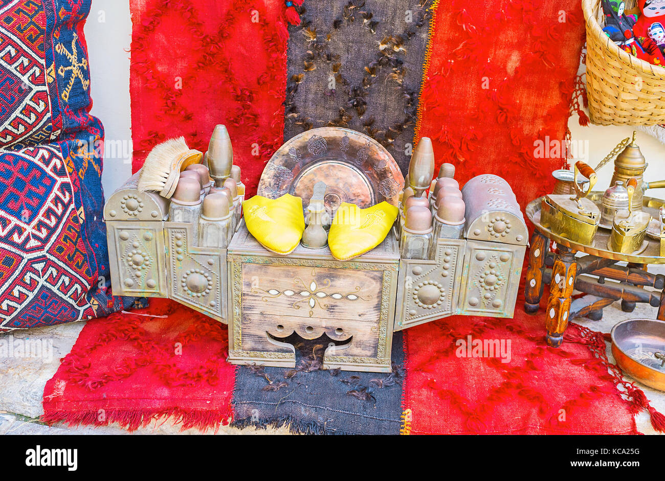 Traditional Eastern shoe shine box with polishing equipment at the ...