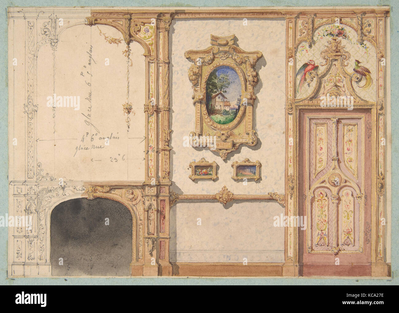 Design for the decoration of a wall punctuated by a fireplace and a ...