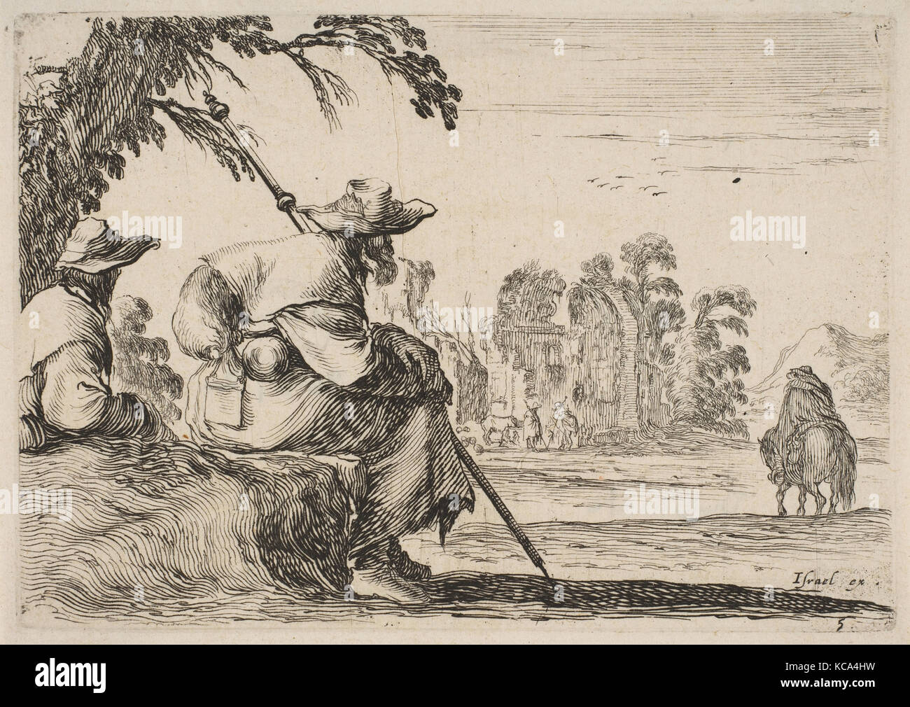 Plate 5: two pilgrims with hats rest to the left, seen from behind, a ...