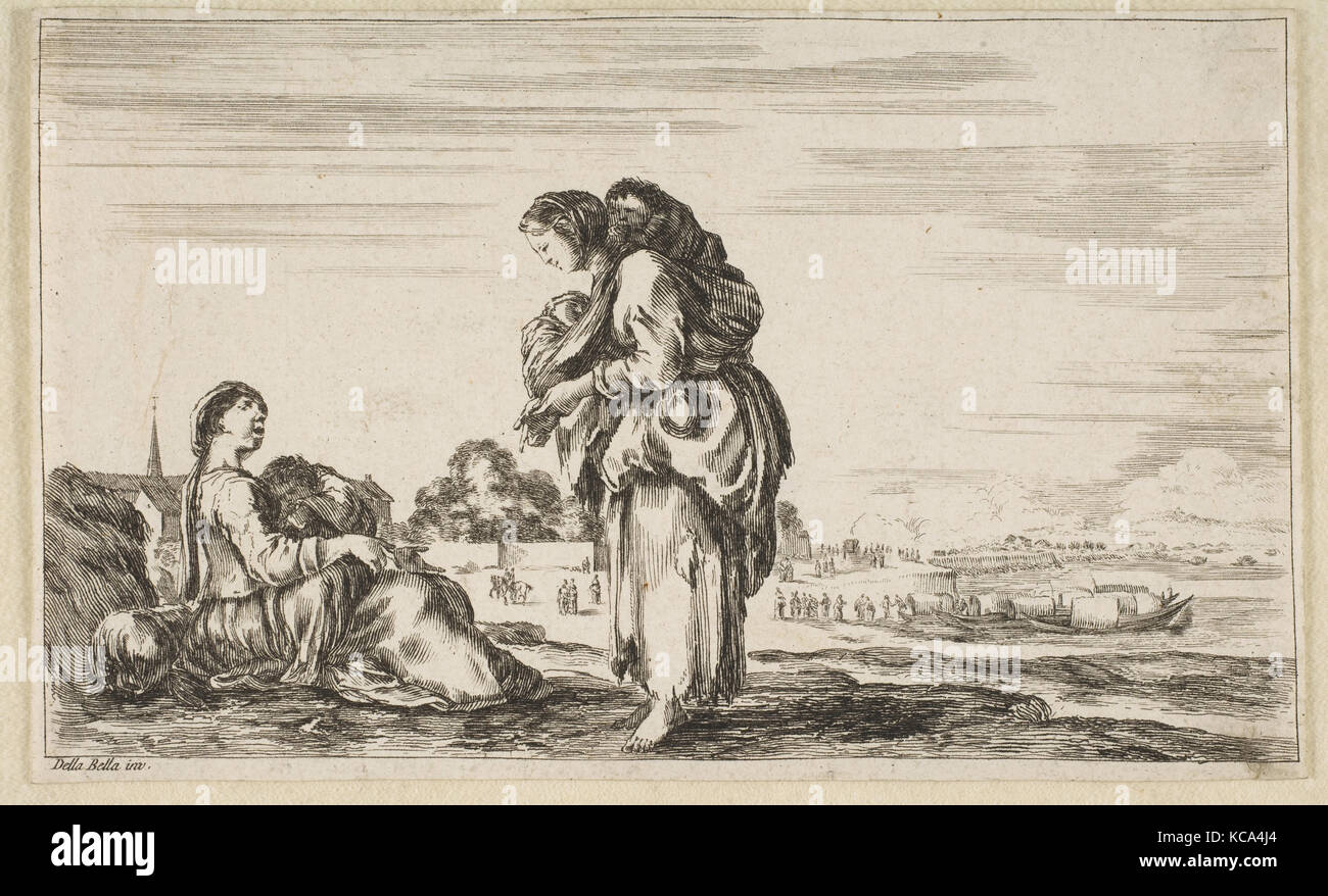 A woman seated to left holding a child, facing right in profile ...