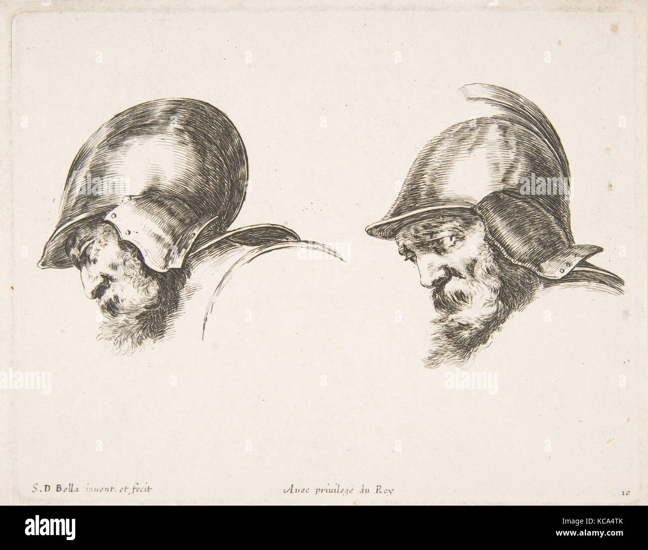 Plate 10: two heads of old soldiers wearing helmets, both facing left ...