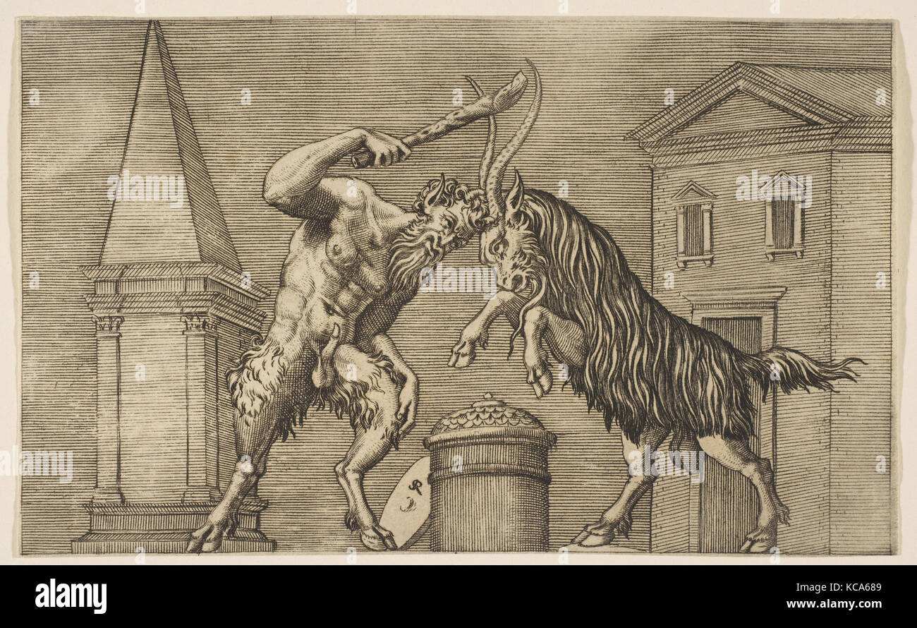 A satyr and a ram attacking each other, the satyr weilding a club with ...