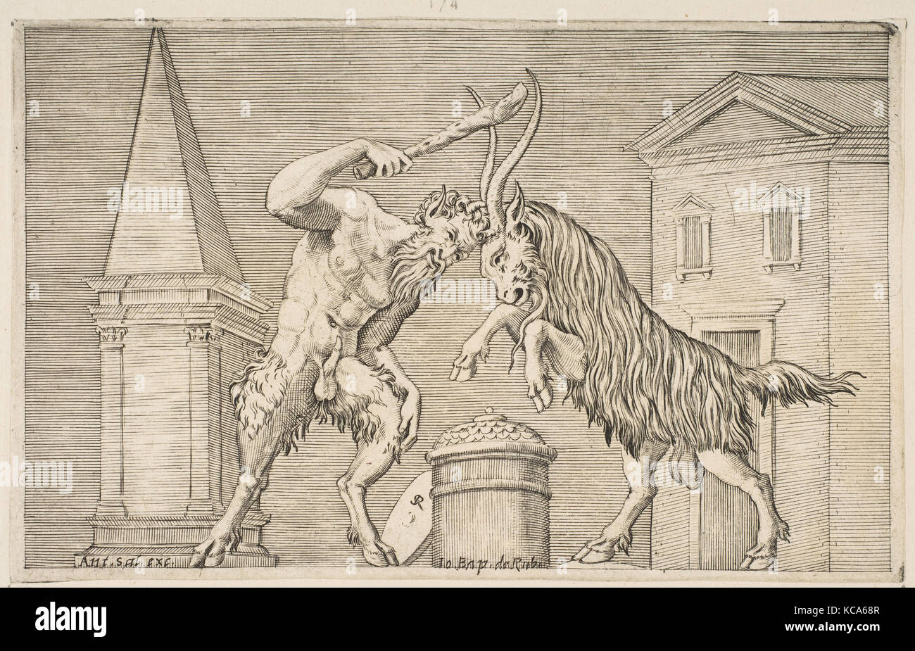 A satyr and a ram attacking each other, the satyr weilding a club with ...