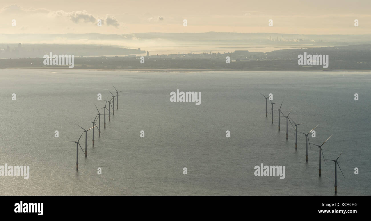 Aerial photo wind turbines Liverpool Bay Stock Photo - Alamy