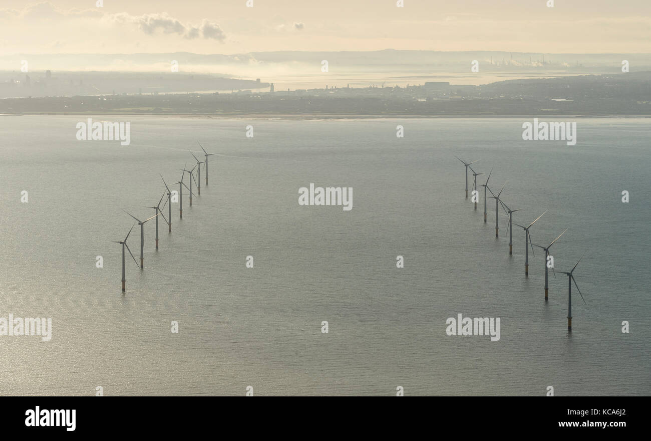 Aerial photo wind turbines Liverpool Bay Stock Photo - Alamy