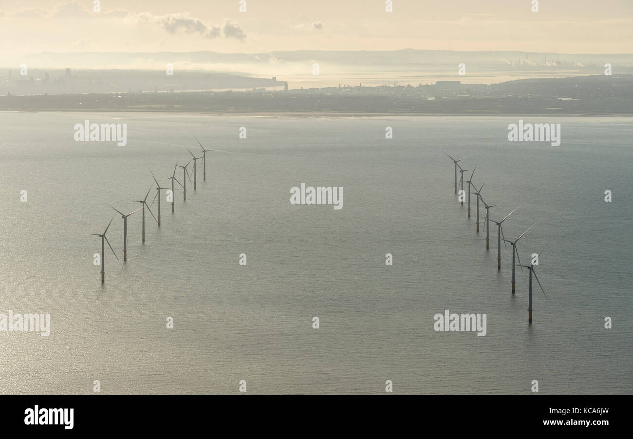 Aerial photo wind turbines Liverpool Bay Stock Photo - Alamy