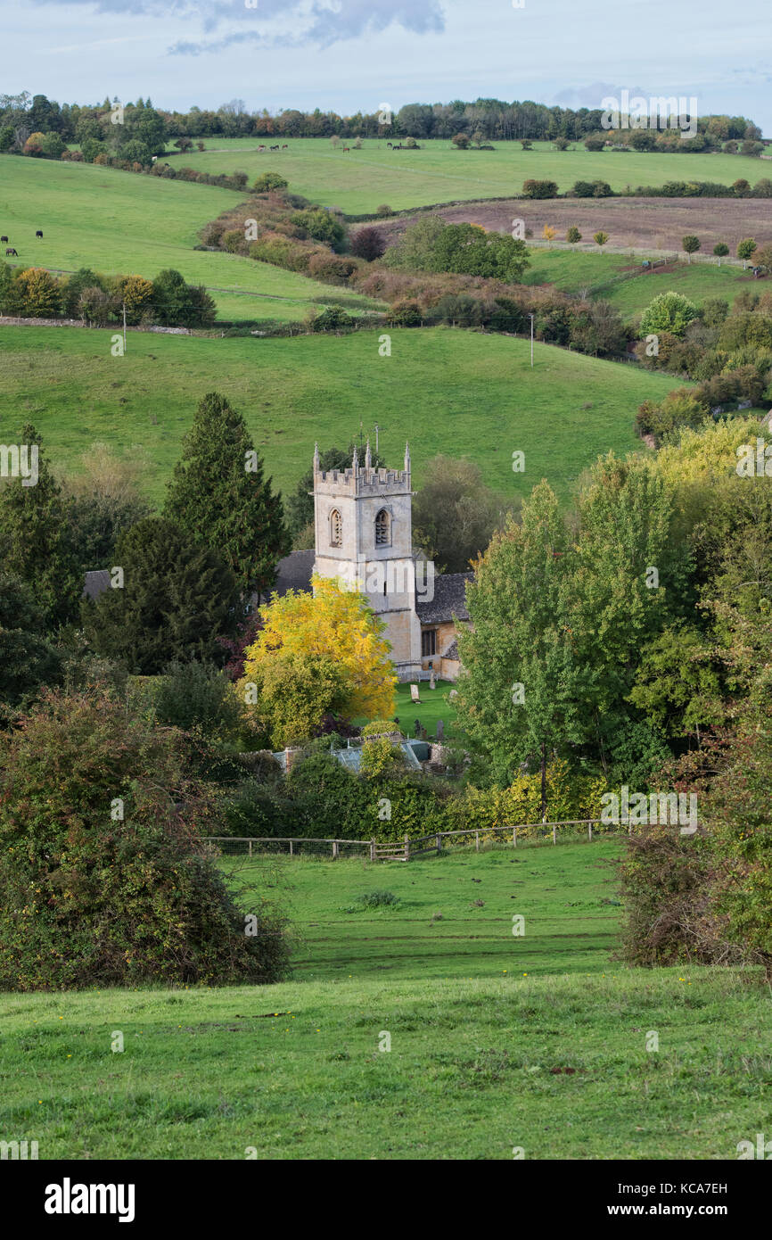 St Andrew’s church in autumn, Naunton, Cotswolds, Gloucestershire ...