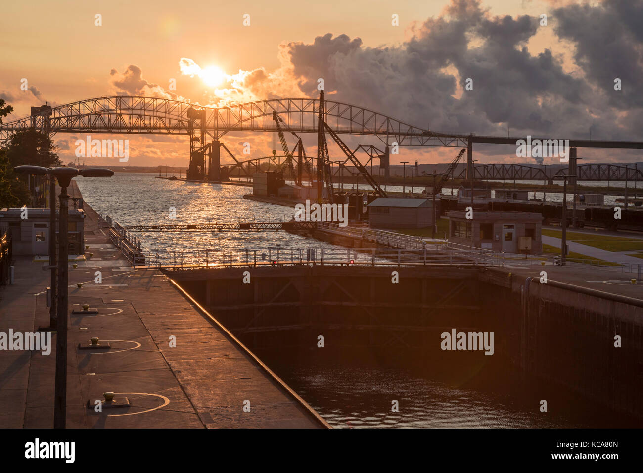 Sault Ste Marie, Michigan - Sunset over the Soo Locks and the ...